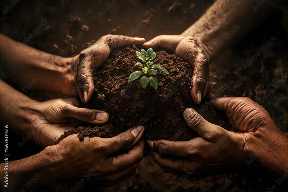 agriculture teamwork. farmers team hands plant a small plant in the ...