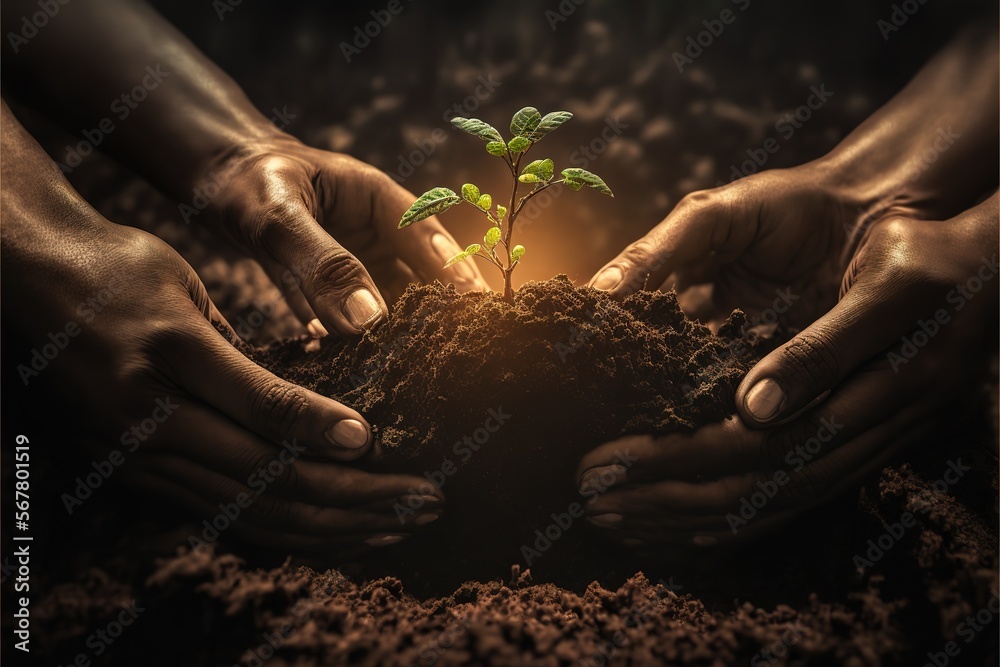 agriculture teamwork. farmers team hands plant a small plant in the ...