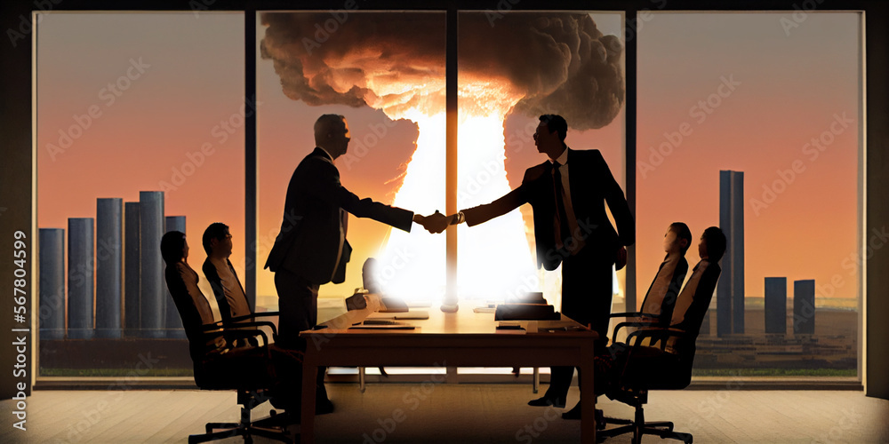 Nuclear explosion handshake, underhanded business transaction. War ...