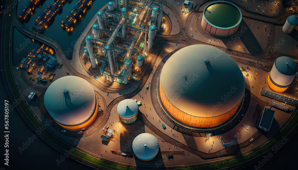 Aerial top view of factory station, oil fuel storage tank, petroleum ...