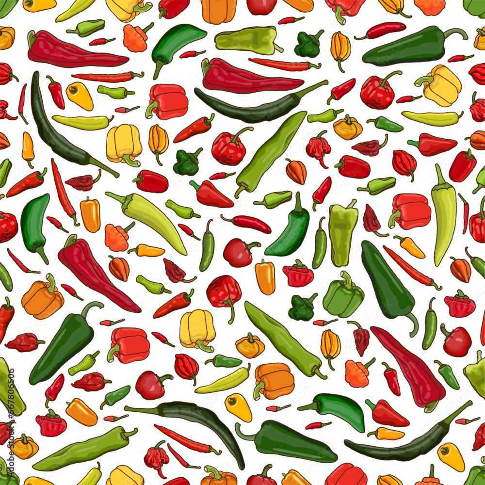 Seamless pattern with different types of peppers. Sweet peppers. Mild ...