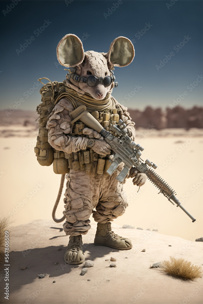 mouse soldier with a machine gun in the desert. generative ai. Stock ...