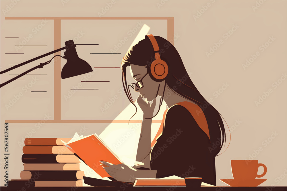 young girl studying while listening to music on headphones, minimalist ...