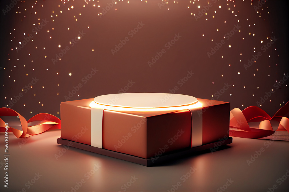 3D podium display, Gift box with red ribbon. Brown present backdrop ...