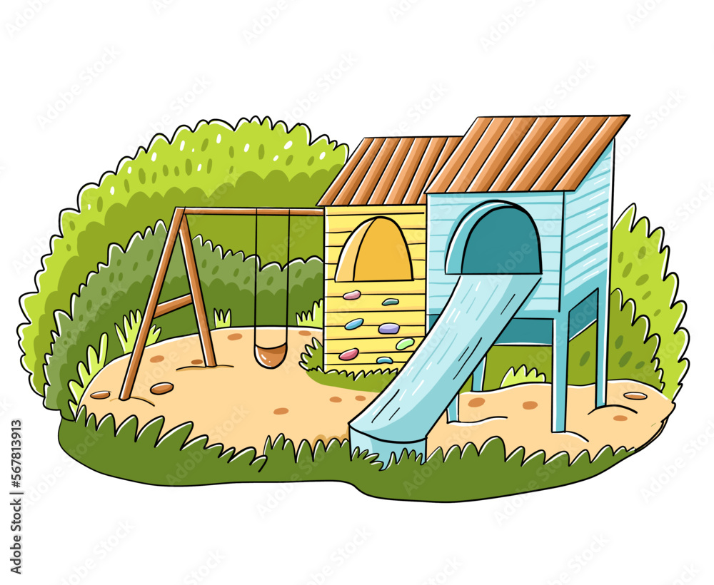 Hand drawn colorful cartoon vector illustration with playground, play ...
