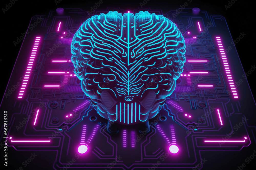 cyborg human brain attached installed to electronic cyber board on ...