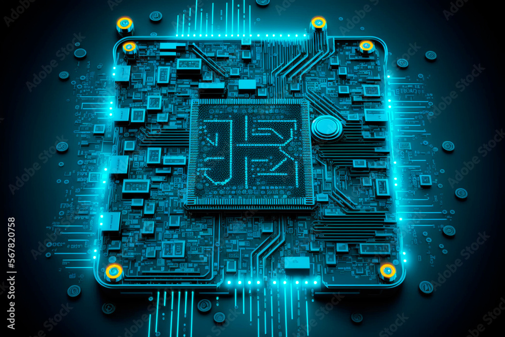 Detalle de microchip funcionando con colores azules y brillos de luces ...