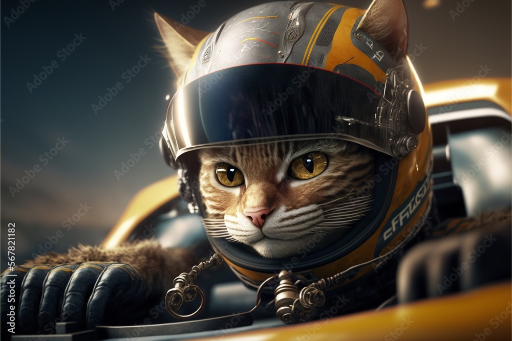 The cat race car driver sits in the car created with generative AI ...
