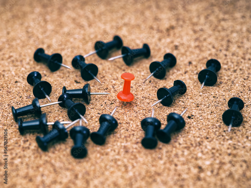 One red pin in the middle of black ones on a cork board Stock Photo ...