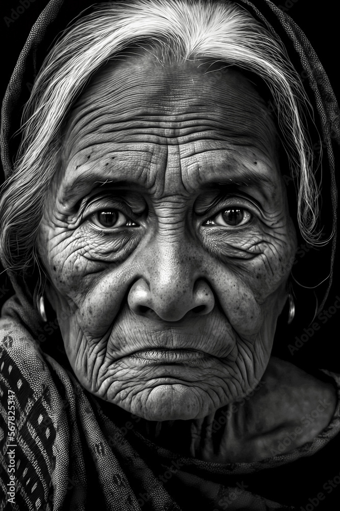 Reserved old woman with wrinkled face and gray hair in black and white ...