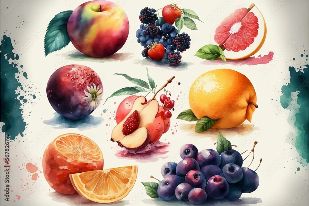 watercolor style fruits, generative AI, fruit, mixed fruit, diverse ...