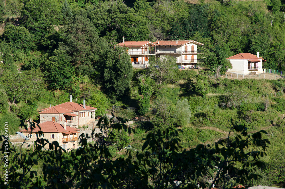 Houses on the mountain Aroania in Zarouhla village. Achaia, Greece ...