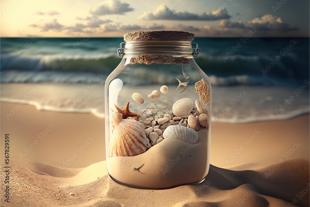 a glass jar filled with sand and shells on a beach next to the ocean ...