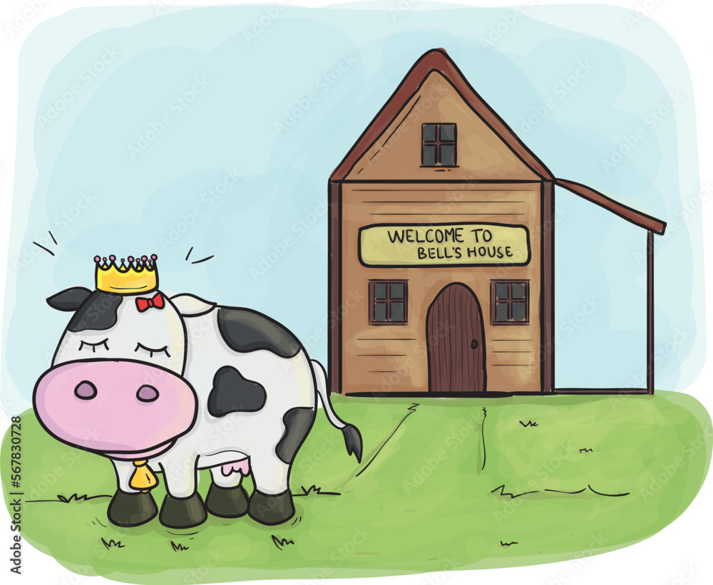 illustration of farm house with cute cow, cartoon set. Stock Vector ...