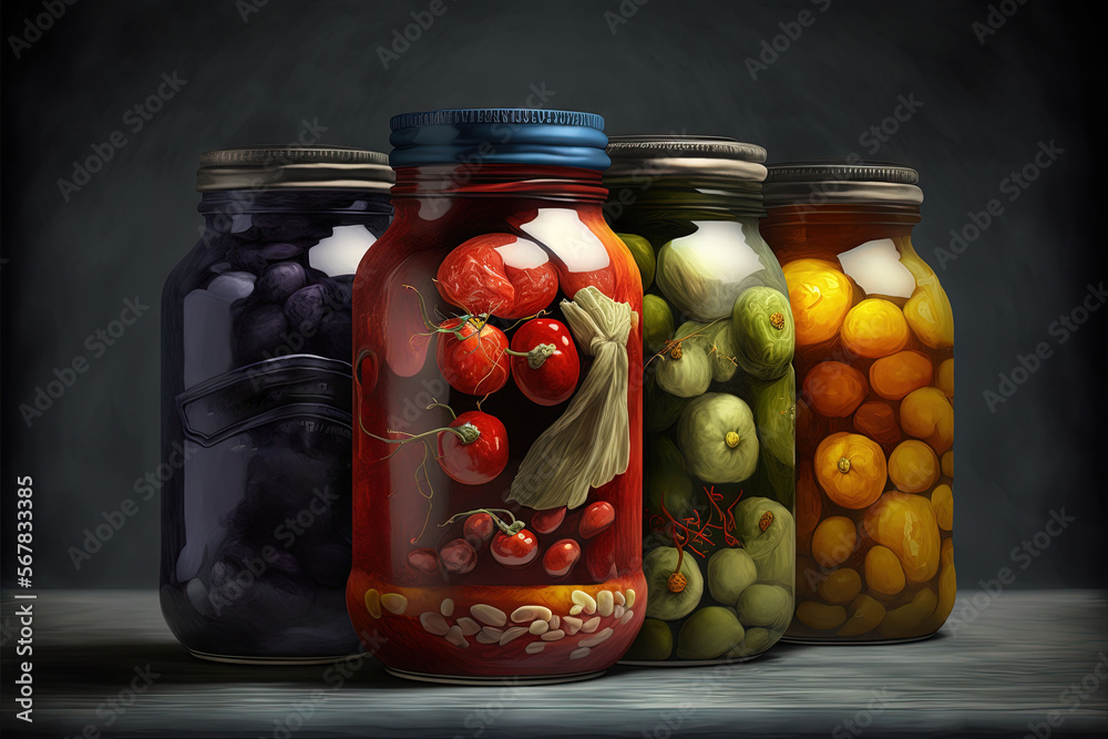 a painting of four jars of different types of fruits and vegetables in ...