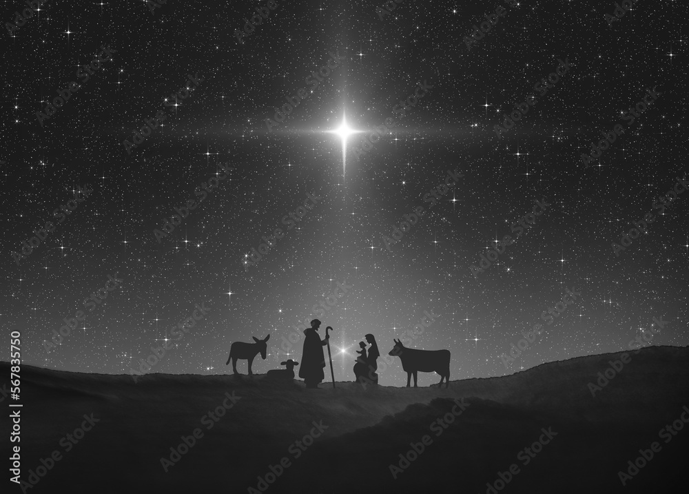 Star of Bethlehem, or Christmas Star. Black and white illustration with ...