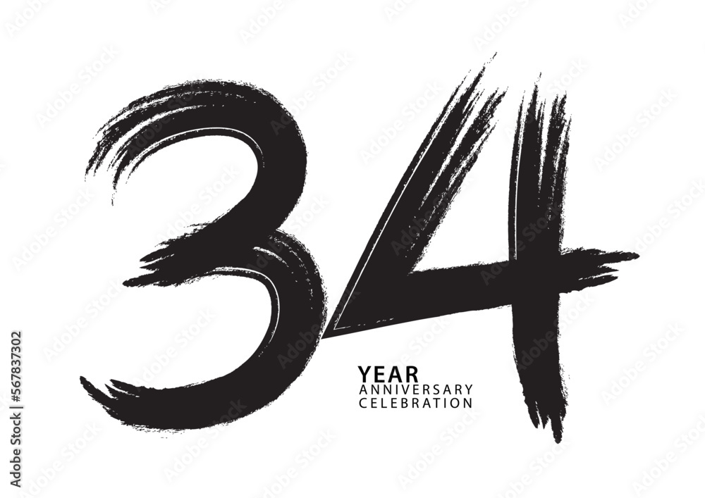 34 year anniversary celebration logotype black paintbrush vector, 34 ...