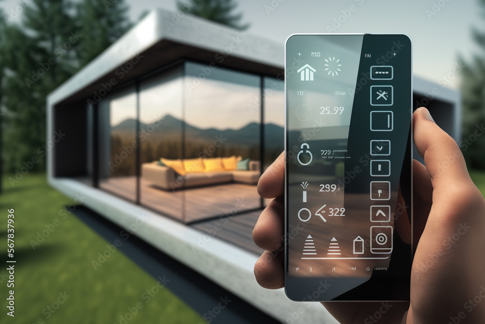 Modern automated house controlled by mobile app. Generative AI Stock ...