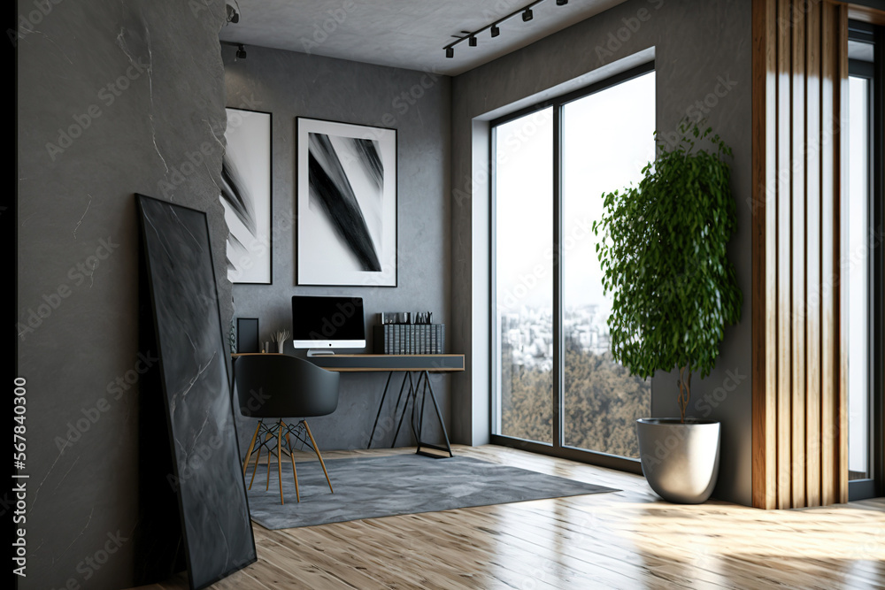 Stockillustratie Grey office interior corner with parquet style floor ...