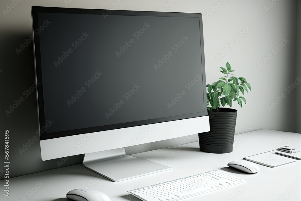 Mockup of a computer with a home and office workplace. Front view of a ...