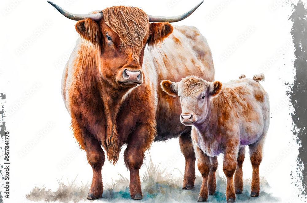 Big brown bull, Yak digital file clipping path, watercolor Mom and Baby ...