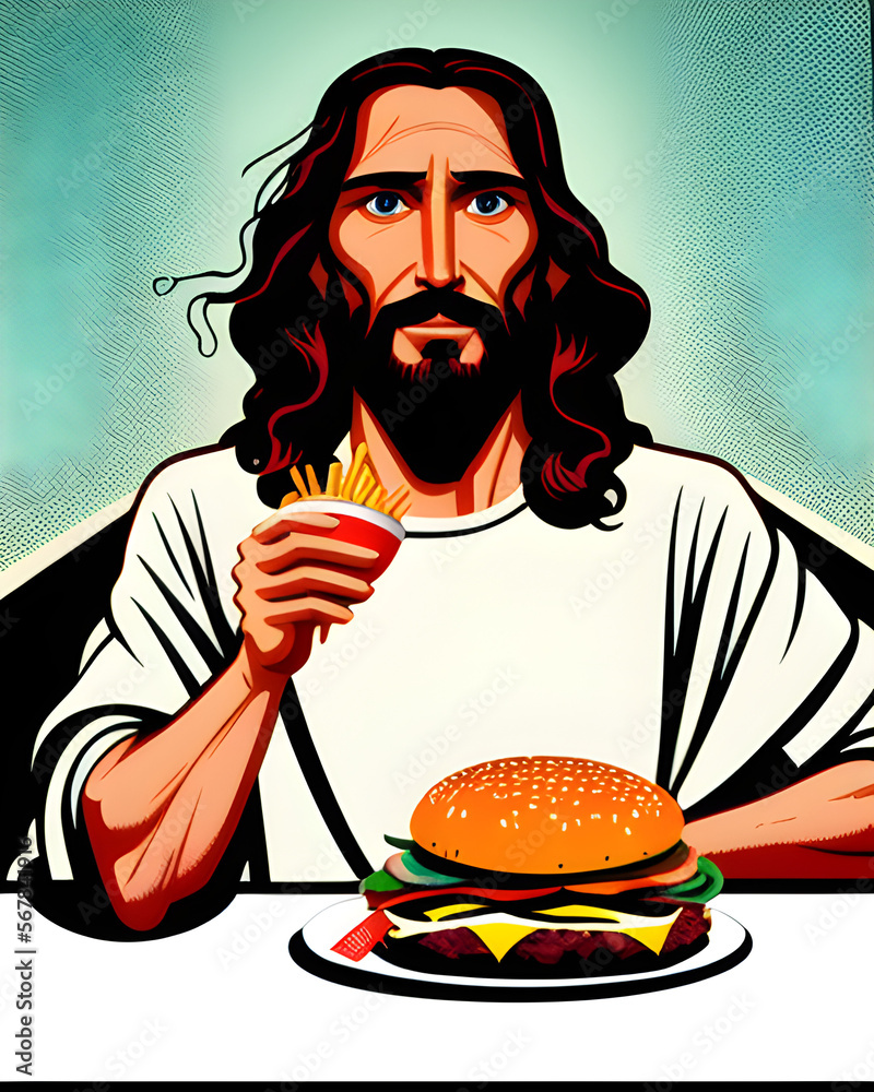 Jesus Christ en version moderne représenté mangeant des frites et un ...