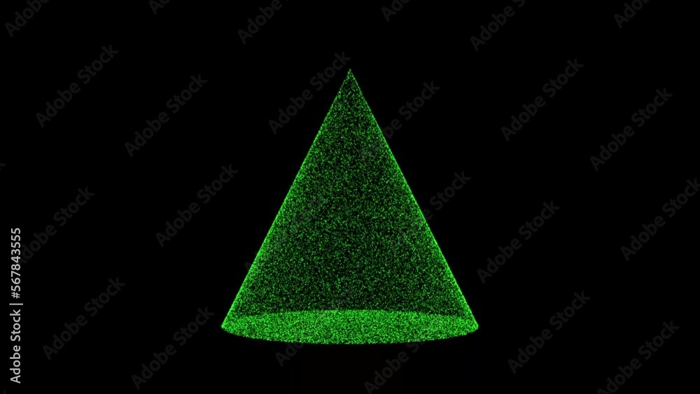 3D green cone rotates on black background. Object consisting of ...