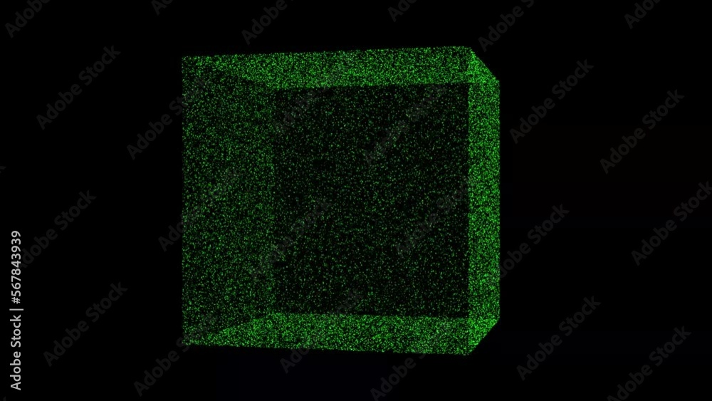 3D green cube object rotates on black background. Object consisting of ...