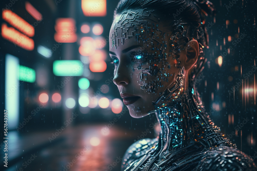 fictional person, cybernetic woman, with bright blue eyes like led ...