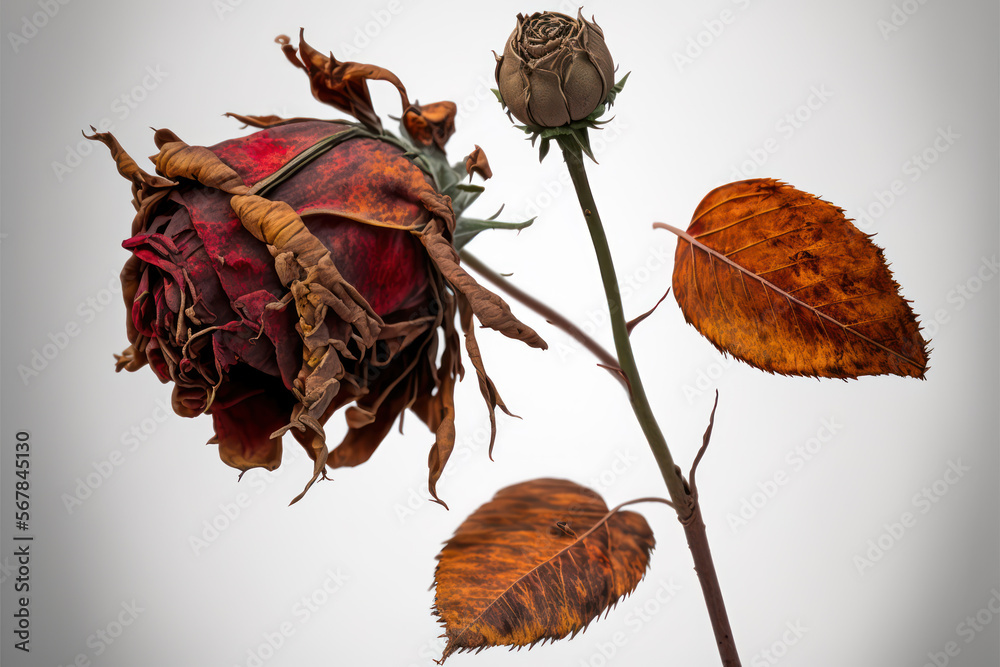 Sad red rose dried and aged with time in close-up and detail for ...