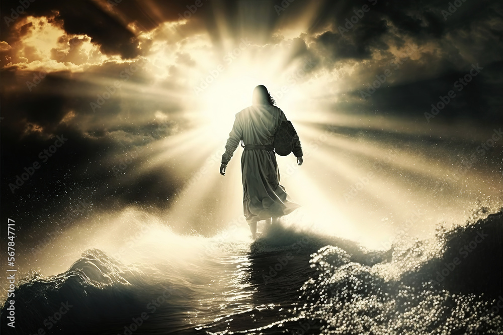 Walk on Water, Jesus Christ walking on the sea of Galilee with beams of ...
