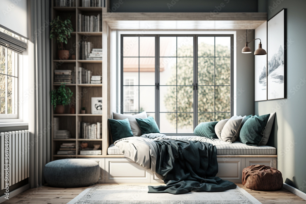 Bright and cozy contemporary bedroom with walk-in closet, large window and a decent reading ...