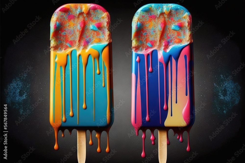 two popsicles with different colors of ice cream on top of each other ...