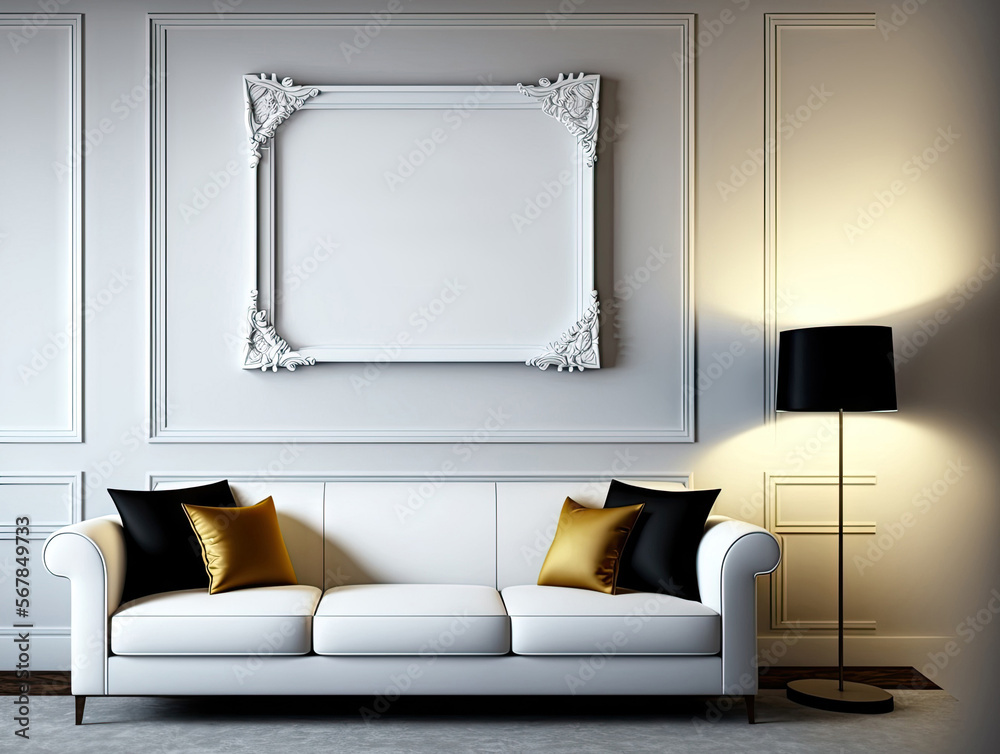 mockup of drawing room wall frame with a blank white screen. Generative ...