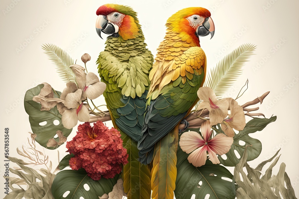 two parrots sitting on top of each other on a branch with flowers and ...