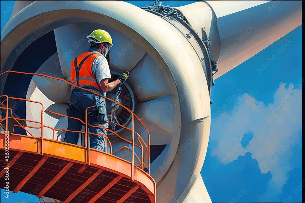 Oleo paint of a worker installing a wind turbine. Generative AI Stock ...