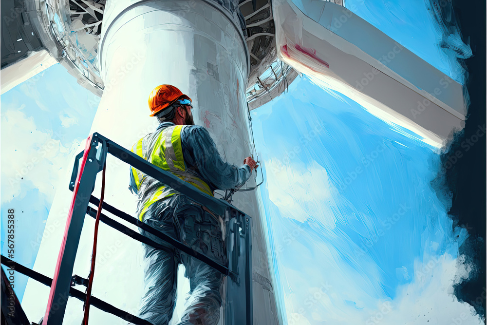 Oleo paint of a worker installing a wind turbine. Generative AI Stock ...