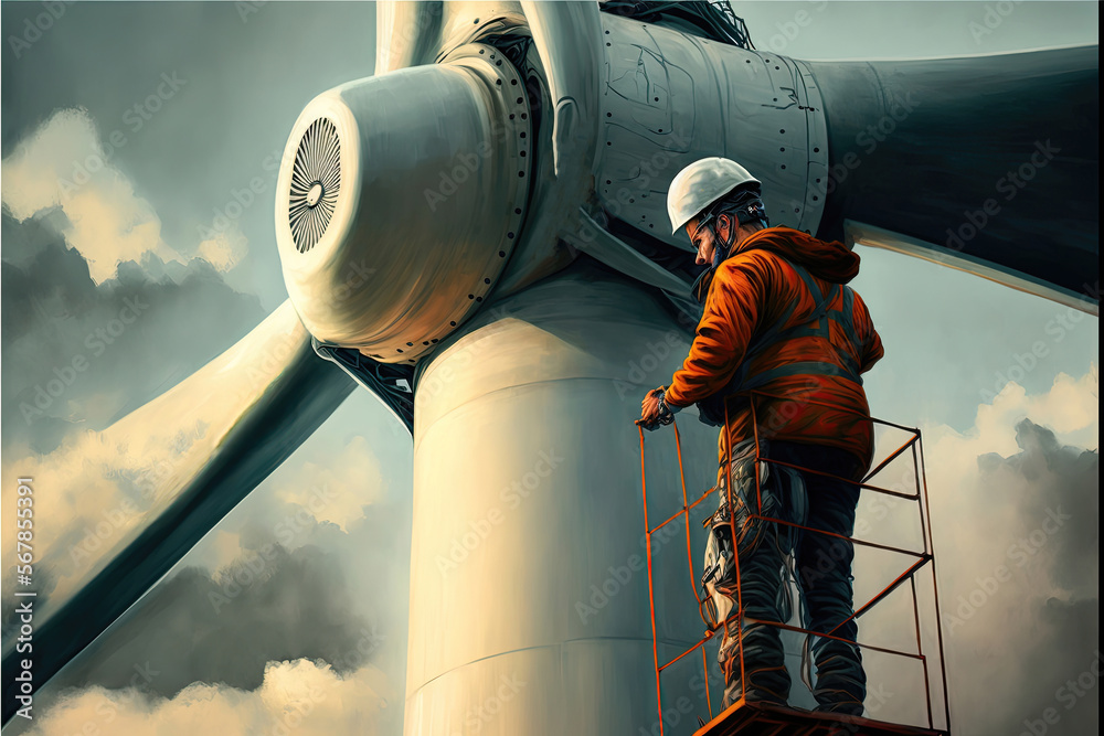 Oleo paint of a worker installing a wind turbine. Generative AI Stock ...