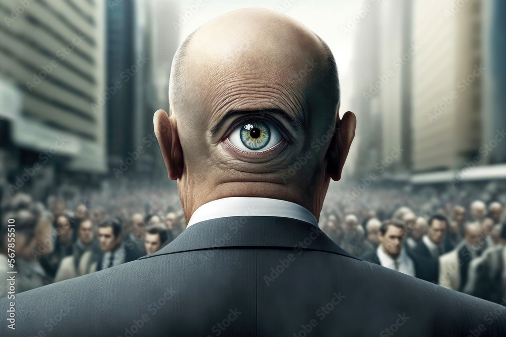 Conspiracy, total control or intelligence concept. Man with an eye in ...