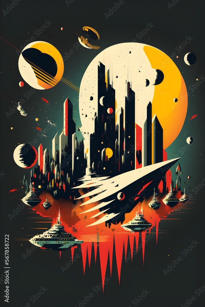 minimalist retro illustration of floating city in space space opera ...