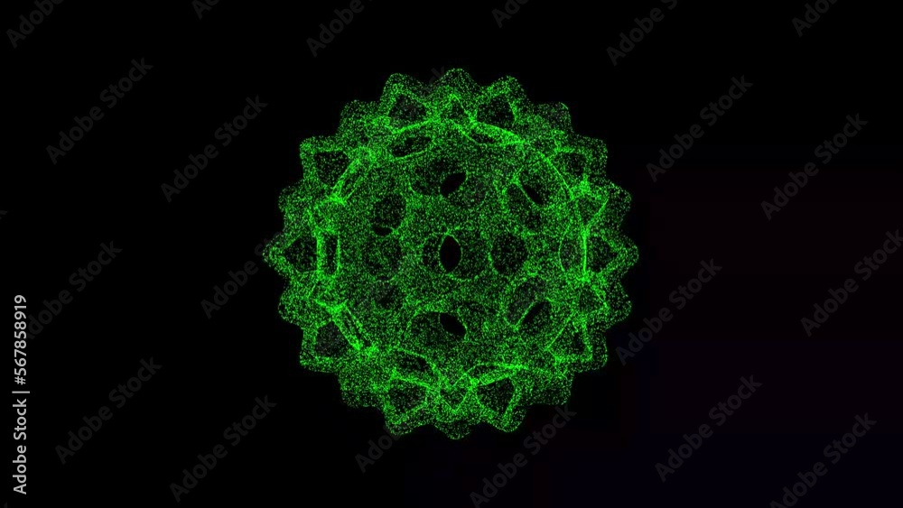 3D sphere with spikes rotates on black background. Object dissolved ...