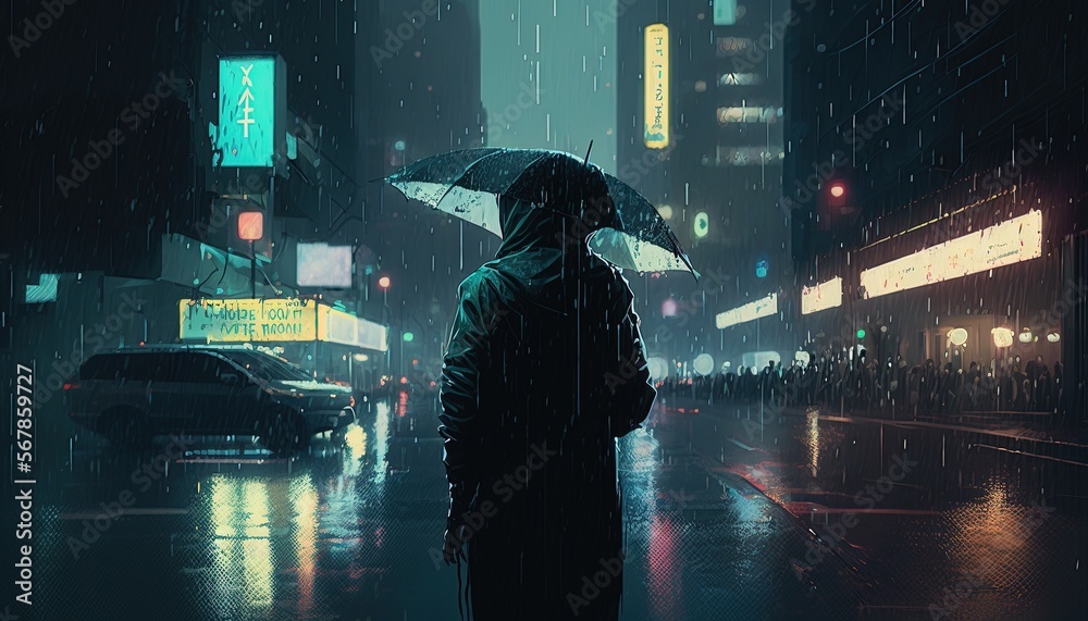 Rainy Nighttime dystopian art in the style of cyberpunk desktop background. Cloudy and ...