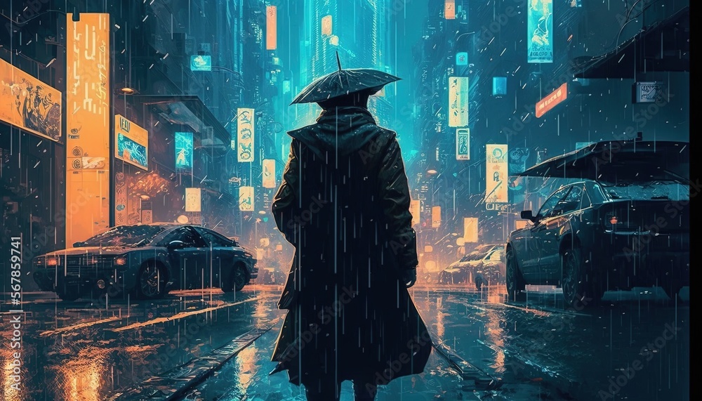 Rainy Nighttime dystopian art in the style of cyberpunk desktop ...