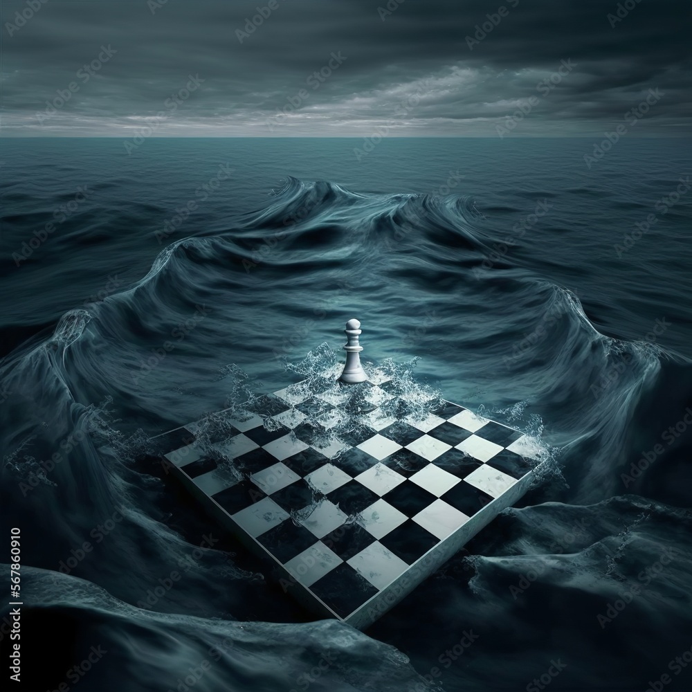 the chessboard floats in the middle of the sea game matt finish pieces ...