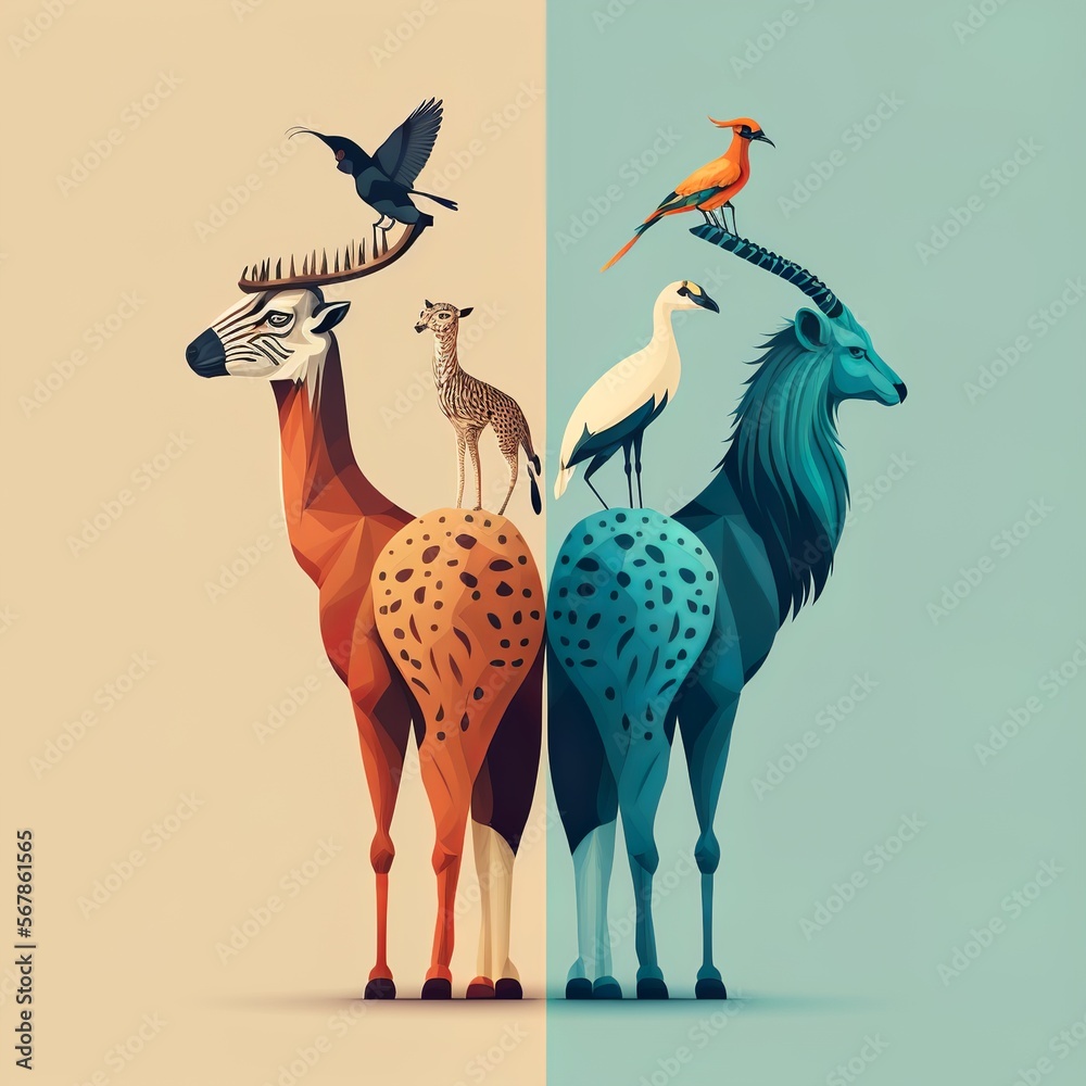 Different animal stand side by side together. Flat vector illustration ...