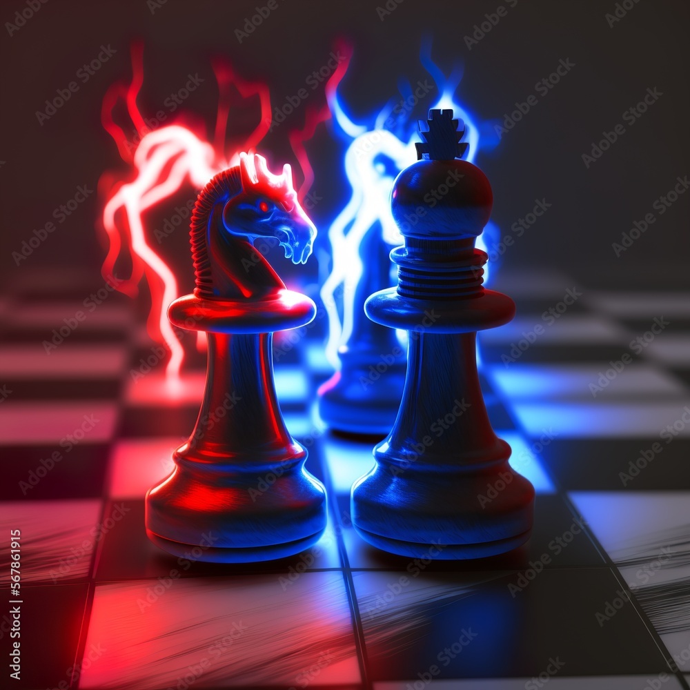 brutal in dark lightning blue and red chess pieces on the chessboard ...