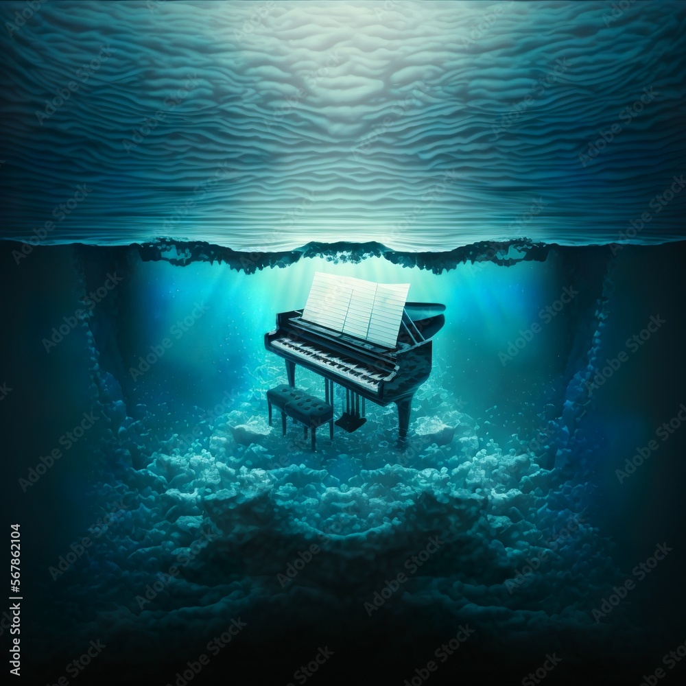piano in the middle of the ocean instrumental blue water dives, sinks ...