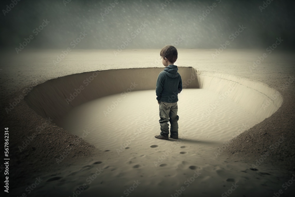 Sad kid standing alone in sandbox, concept of Loneliness and Isolation ...