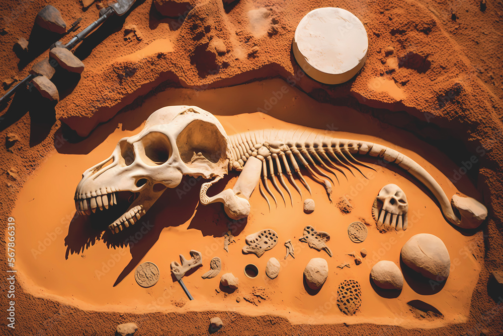 Paleontologist cleaning skeleton dinosaur tyrannosaurus, top view ...