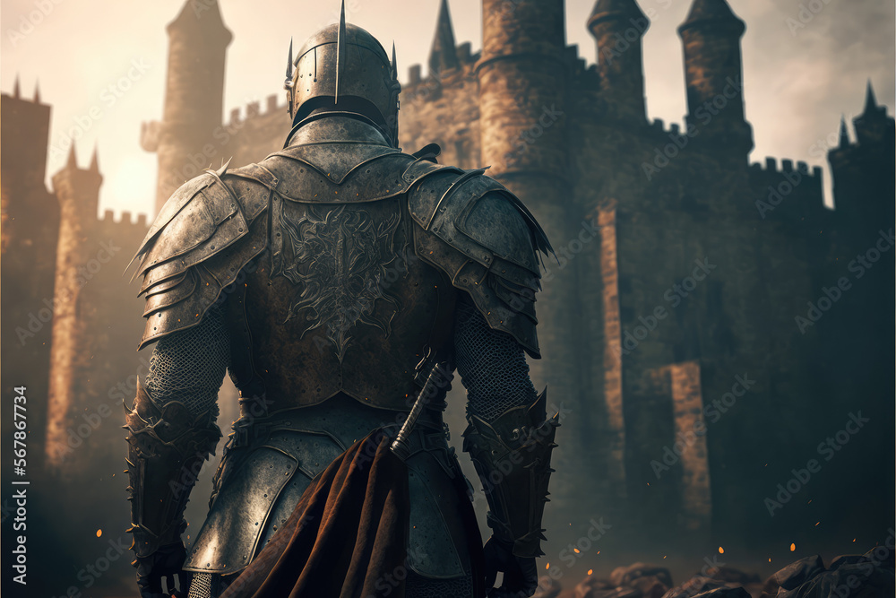 armored medieval knight in front of a beautiful castle, medieval ...